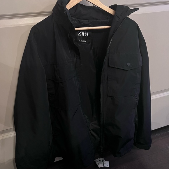 Zara | Jackets & Coats | Large Zara Rainwind Jacket Black Hidden Hood ...